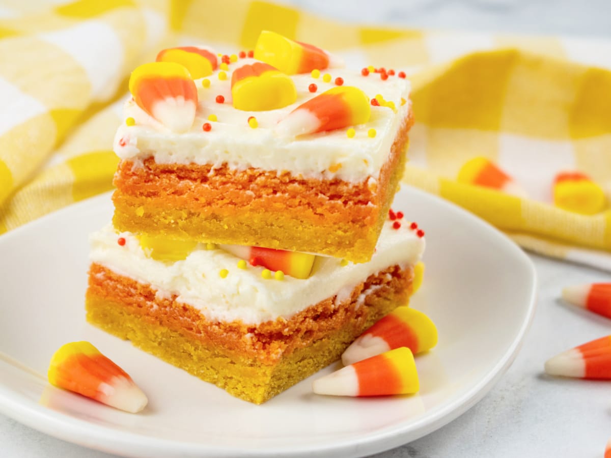 Candy Corn Cookie Bars - Just is a Four Letter Word