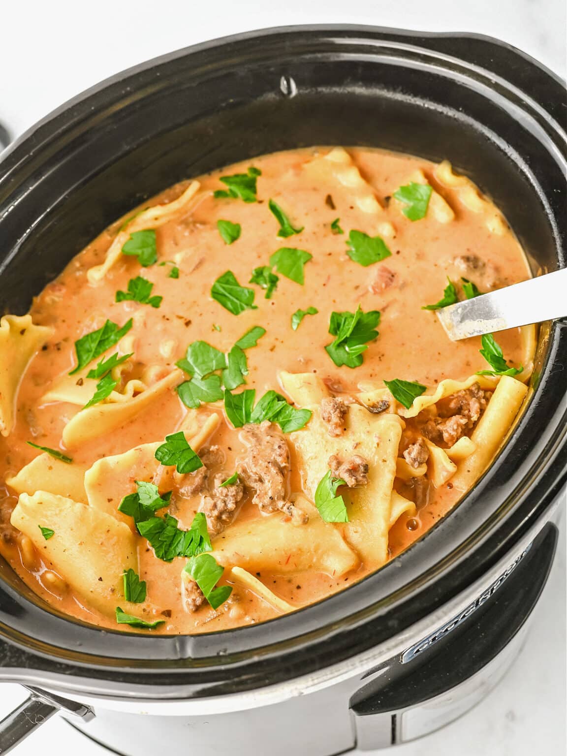 Easy Slow Cooker Lasagna Soup - Just is a Four Letter Word